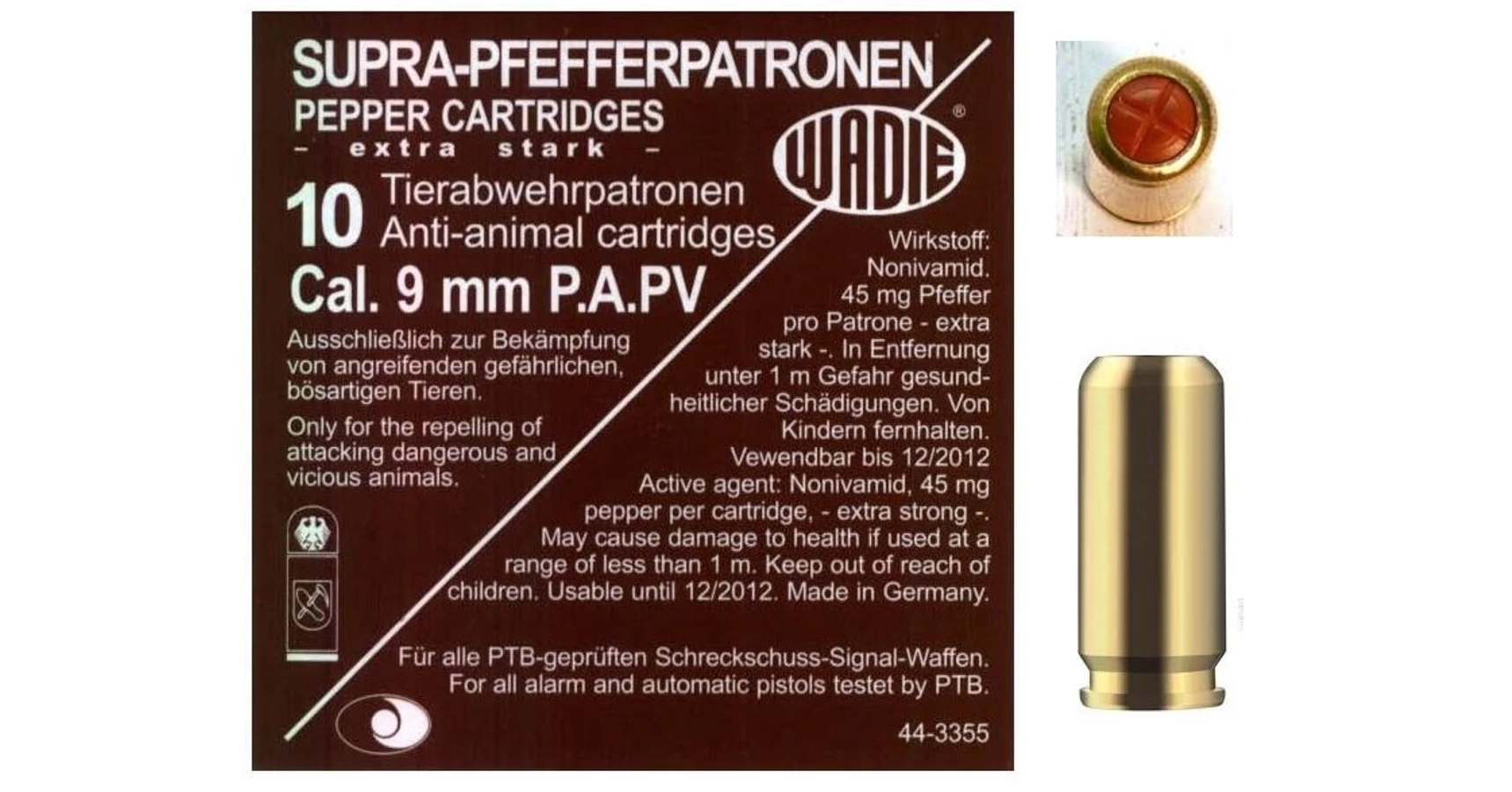 9mm PA PV-Supra Pepper gáztöltény 120mg Wadie - Lövedék , töltény
